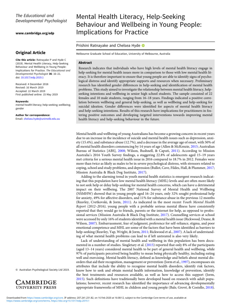 Div Class Title Mental Health Literacy Help Seeking Behaviour and Wellbeing in Young People ...