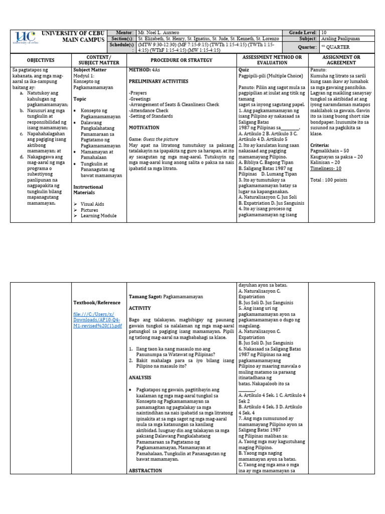 ADOLFO-final-AP-10-LESSON-PLAN-DVRMNHS | PDF