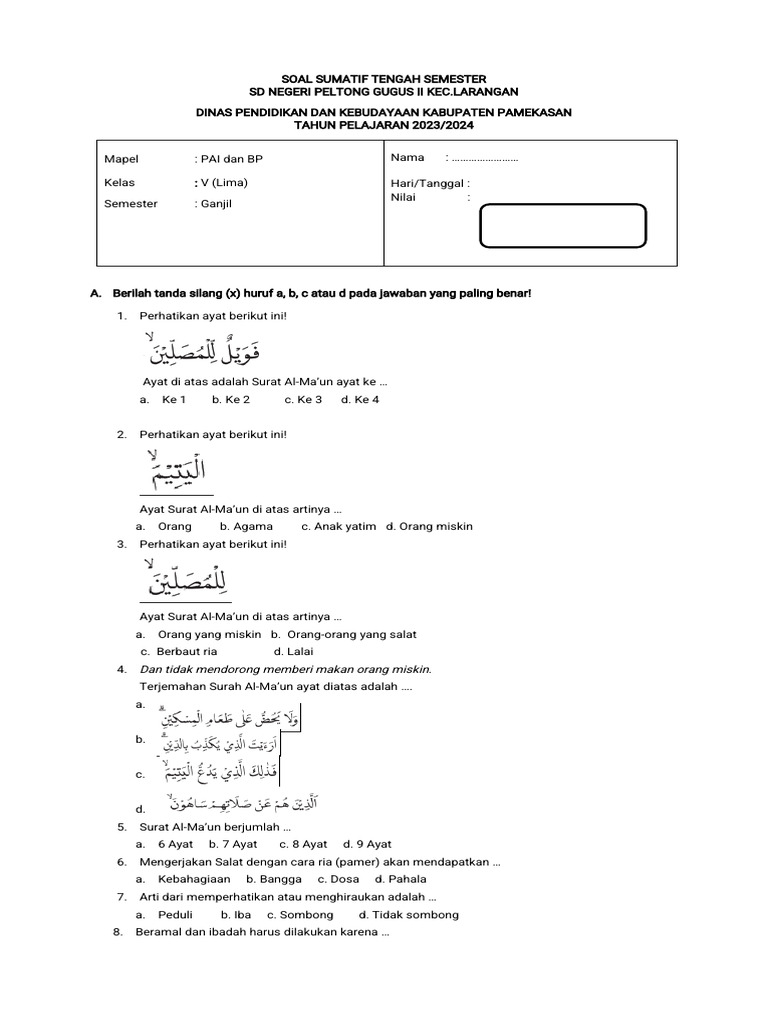 Soal PAI Kelas V SD Ganjil 2023/2024 | PDF