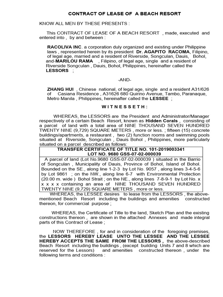 Hidden Corals Contract of Lease | PDF | Lease | Land Law