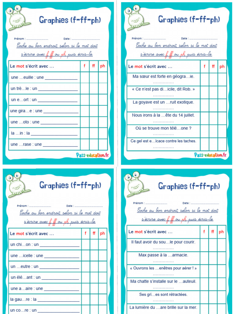 Exercices sur les sons f, ff, ph | PDF