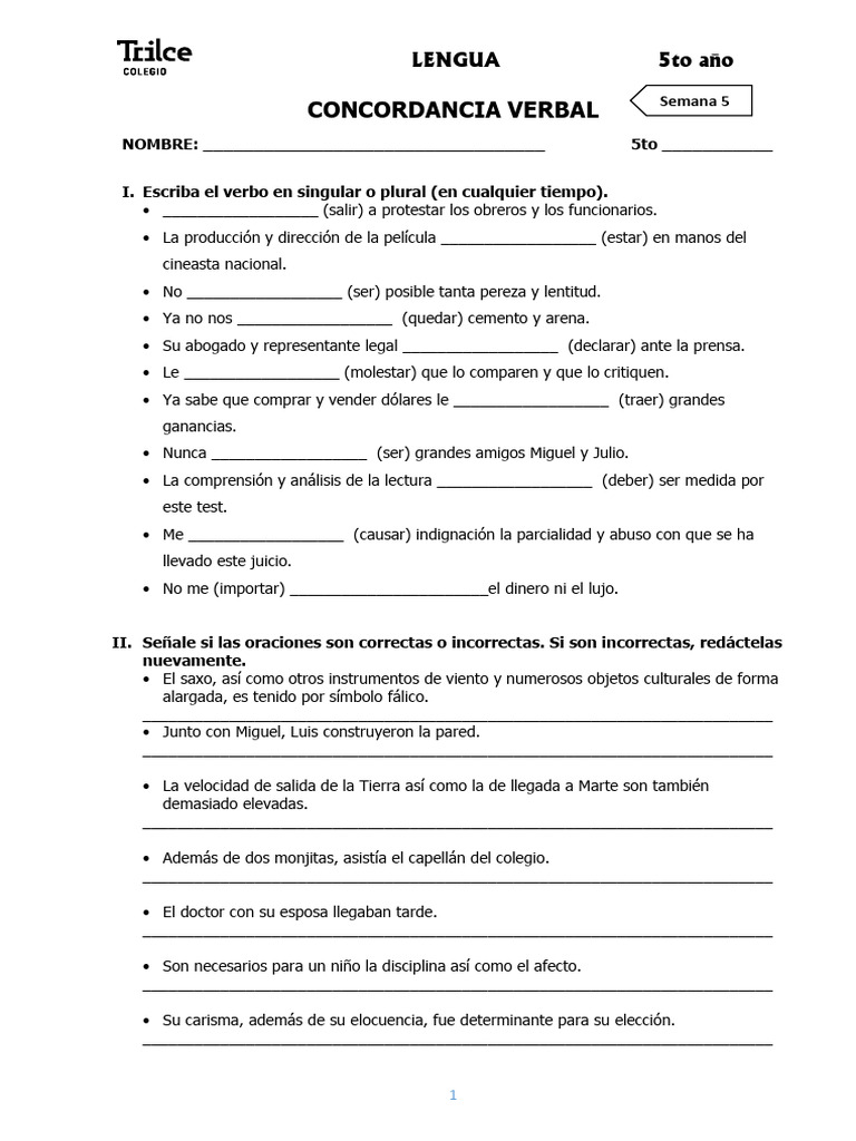 Ejercicios de Concordancia Verbal | PDF | Verbo