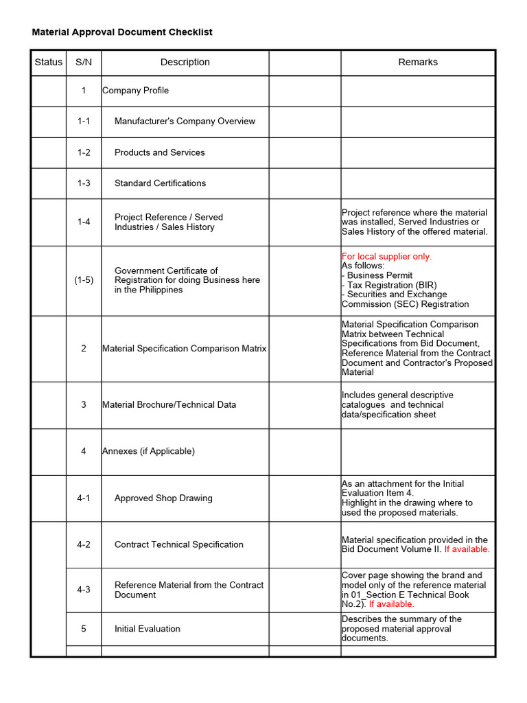 Material Approval Document Checklist-230619 | PDF | Specification ...