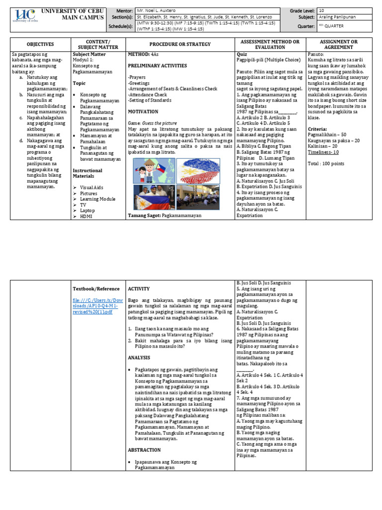 ADOLFO-DEMO 10 final-AP-10-LESSON-PLAN-DVRMNHS | PDF