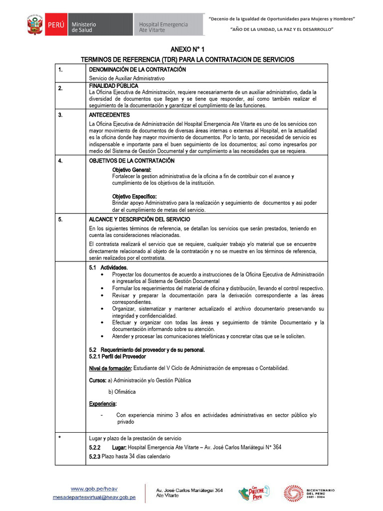 Anexo #1 Terminos de Referencia (TDR) para La Contratacion de Servicios | Descargar gratis PDF ...