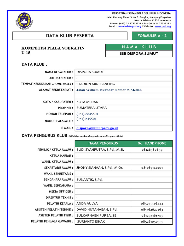 A2 Formulir Data Klub U15 | PDF