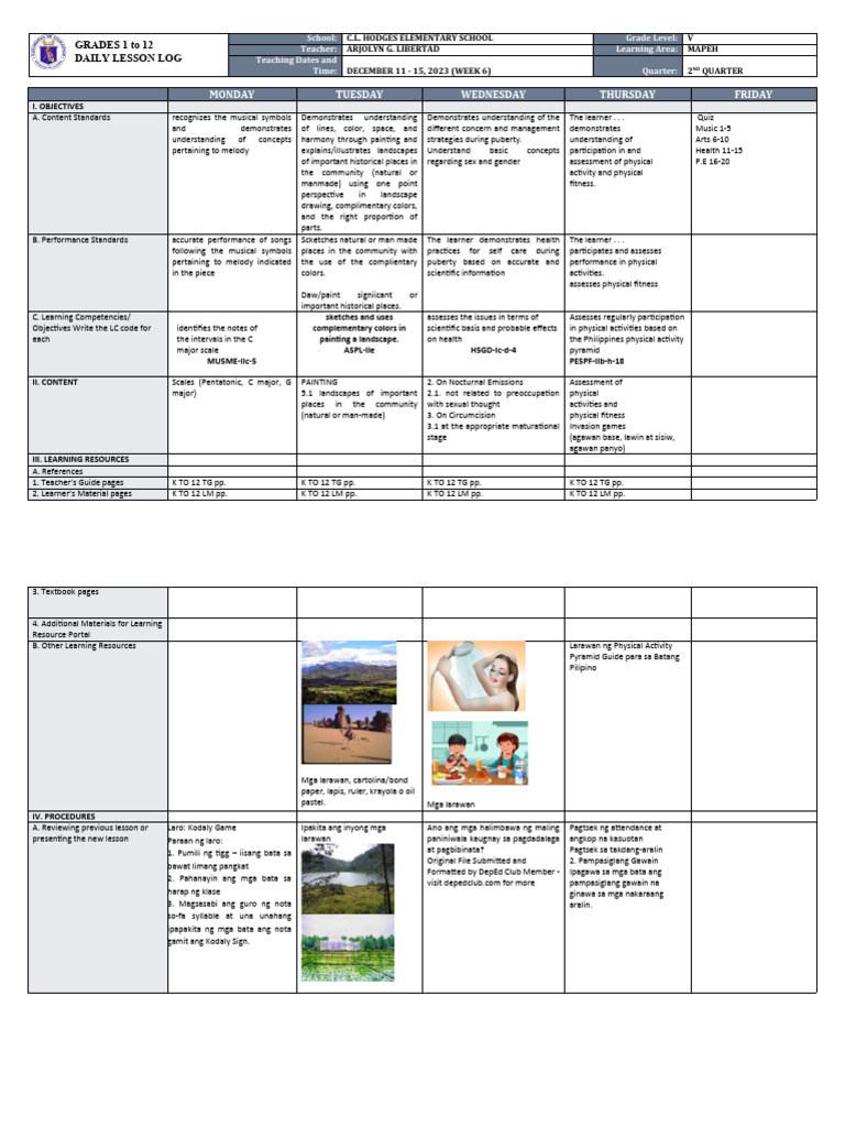 DLL - Mapeh 5 - Q2 - W6 | PDF | Learning | Cognition