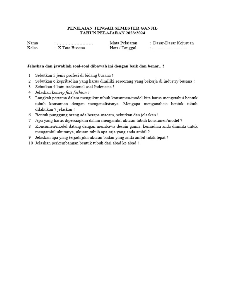 SOAL DDK - KELAS X Busana PTS Ganjil 2023 - 2024 | PDF | Karier & Perkembangan