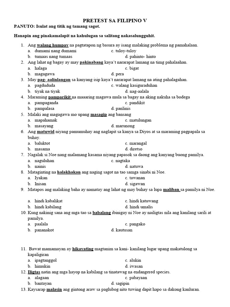 pre- test filipino 5 | PDF
