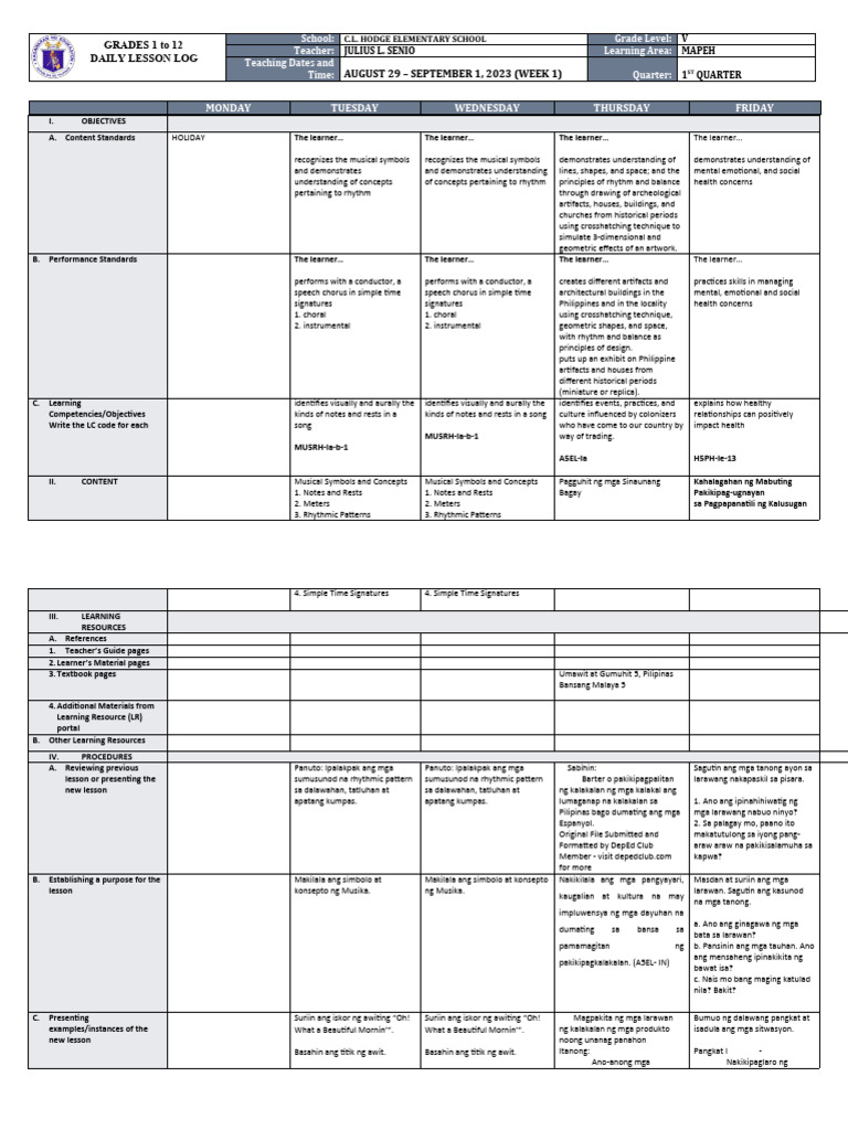 DLL - Mapeh 5 - Q1 - W1 | PDF | Learning | Cognitive Science