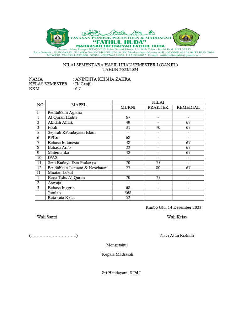 RAPORT SEMENTARA Kelas 2 | PDF