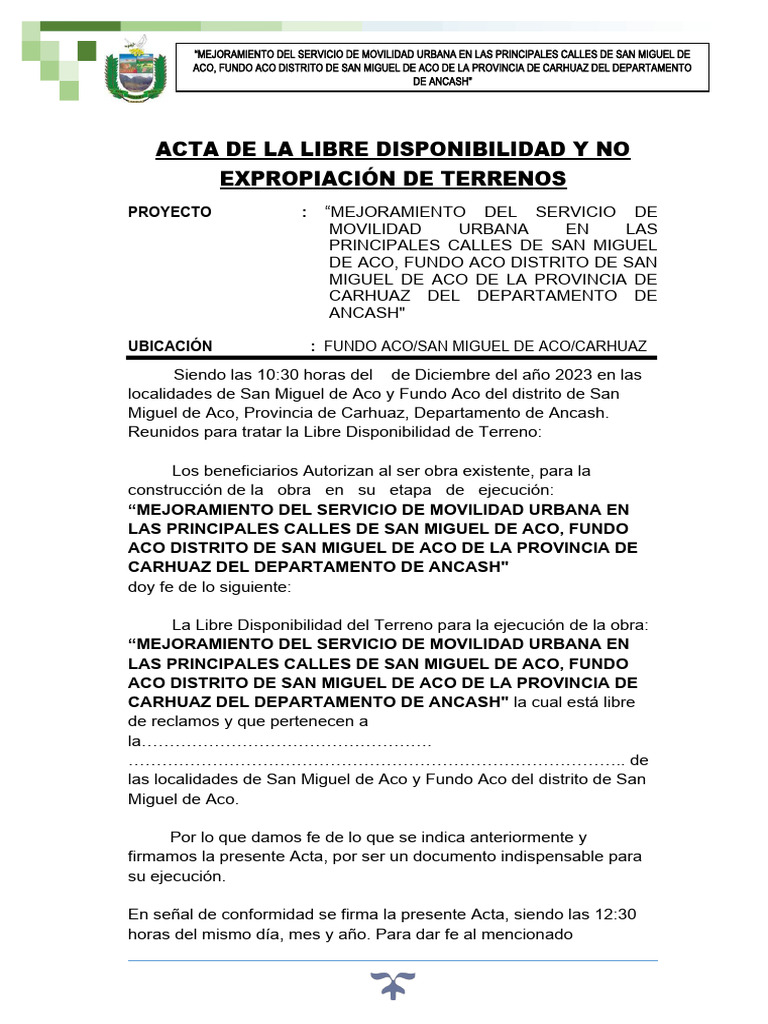 8. ACTA DE LIBRE DISPONIBILIDAD Y NO EXPROPIACIÓN DE TERRENOS | PDF