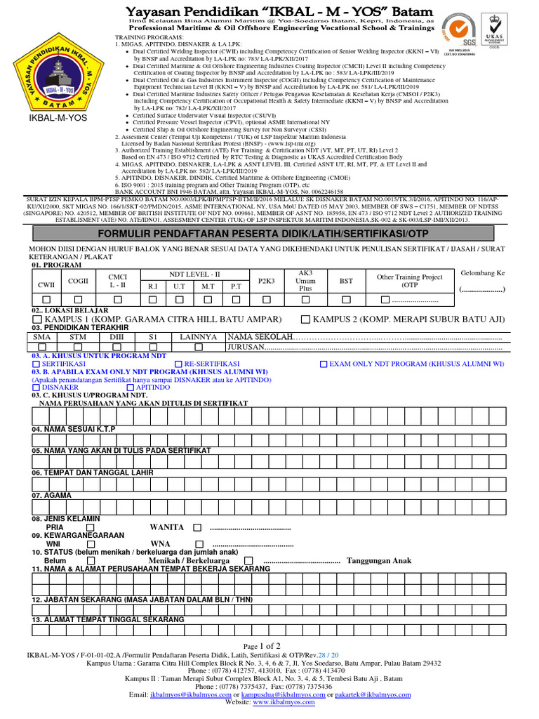 F 01 01 02 A FORM PENDAFTARAN Rev 28-20 TRAINING IKBAL IKBAL-M-YOS | PDF | Nondestructive ...
