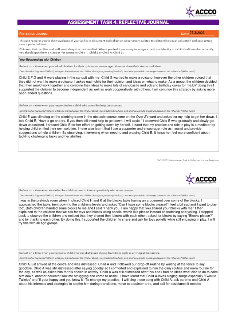 R-L ANDERSON CHCECE033 Assessment 4 Reflective Journal | PDF | Learning ...