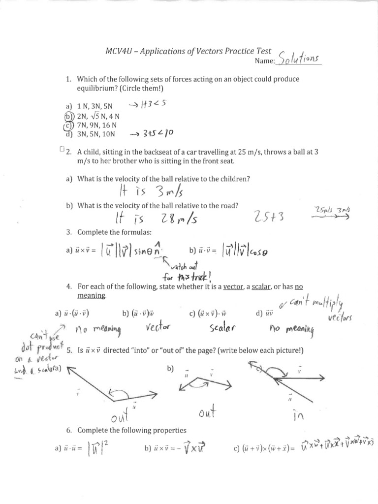 MCV4U - Test Practice Solutions Applications of Vectors | PDF