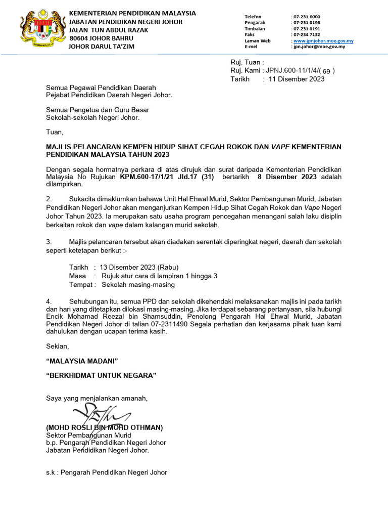 SURAT_IRINGAN_MAJLIS_KEMPEN_HIDUP_SIHAT_CEGAH_ROKOK_&_VAPE | PDF