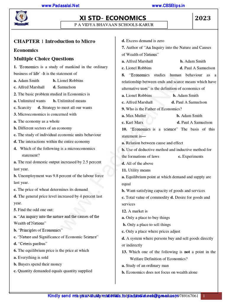 11th Economics EM One Mark Questions English Medium PDF Download | PDF ...