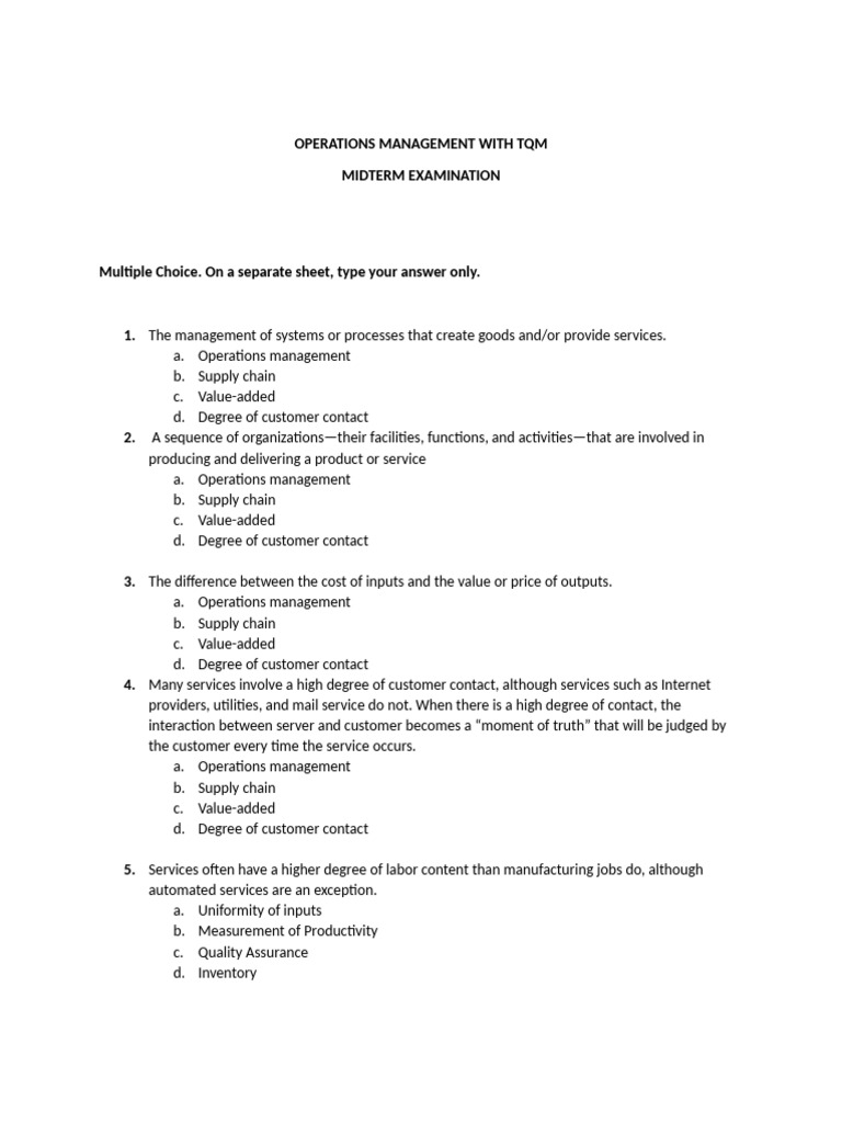 Operations Management Midterm Exam | PDF | Operations Management | Risk