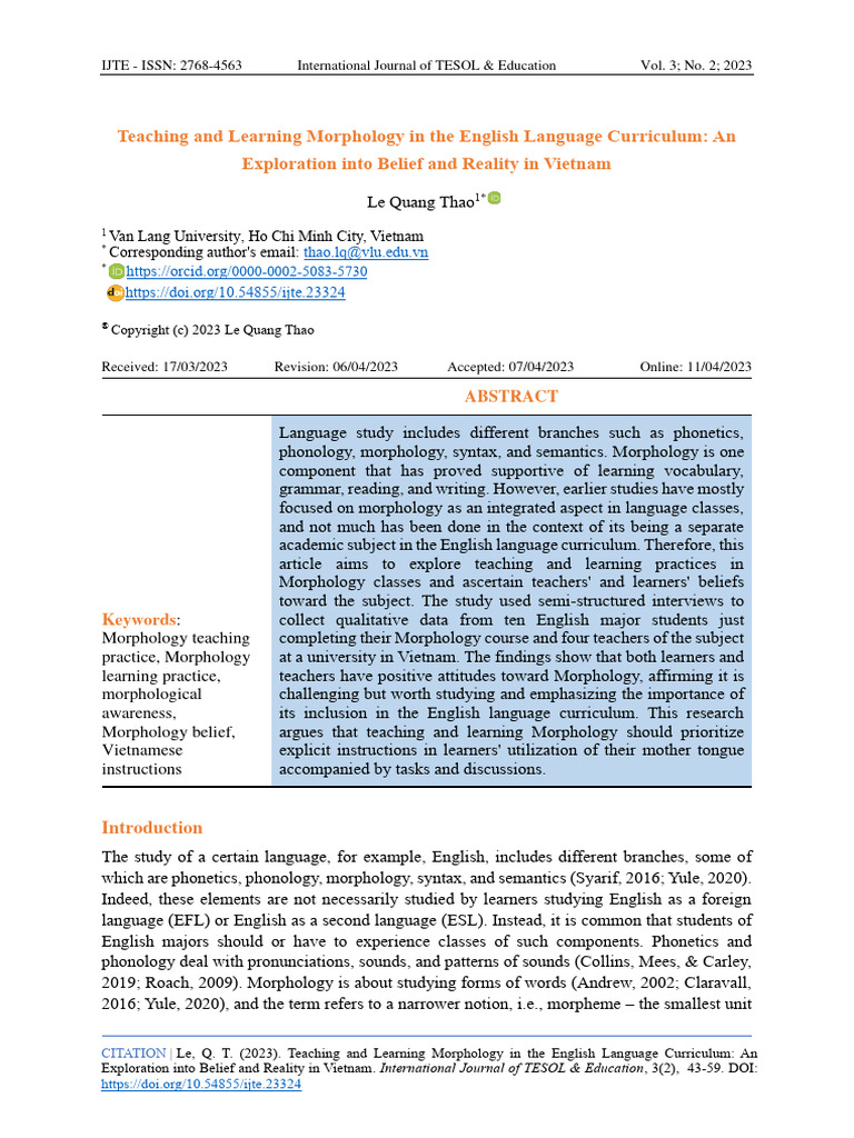 Le (2023) Teaching and Learning Morphology in The English Language ...