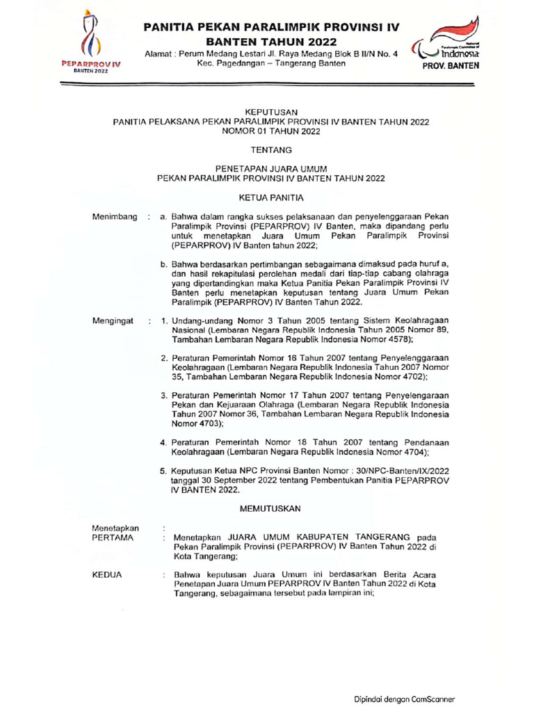 SK Juara Umum Peparprov IV Banten 2022 | PDF