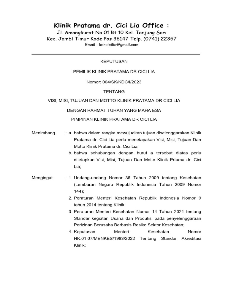 SK VISI MISI Klinik DR Cici Lia FIX | PDF