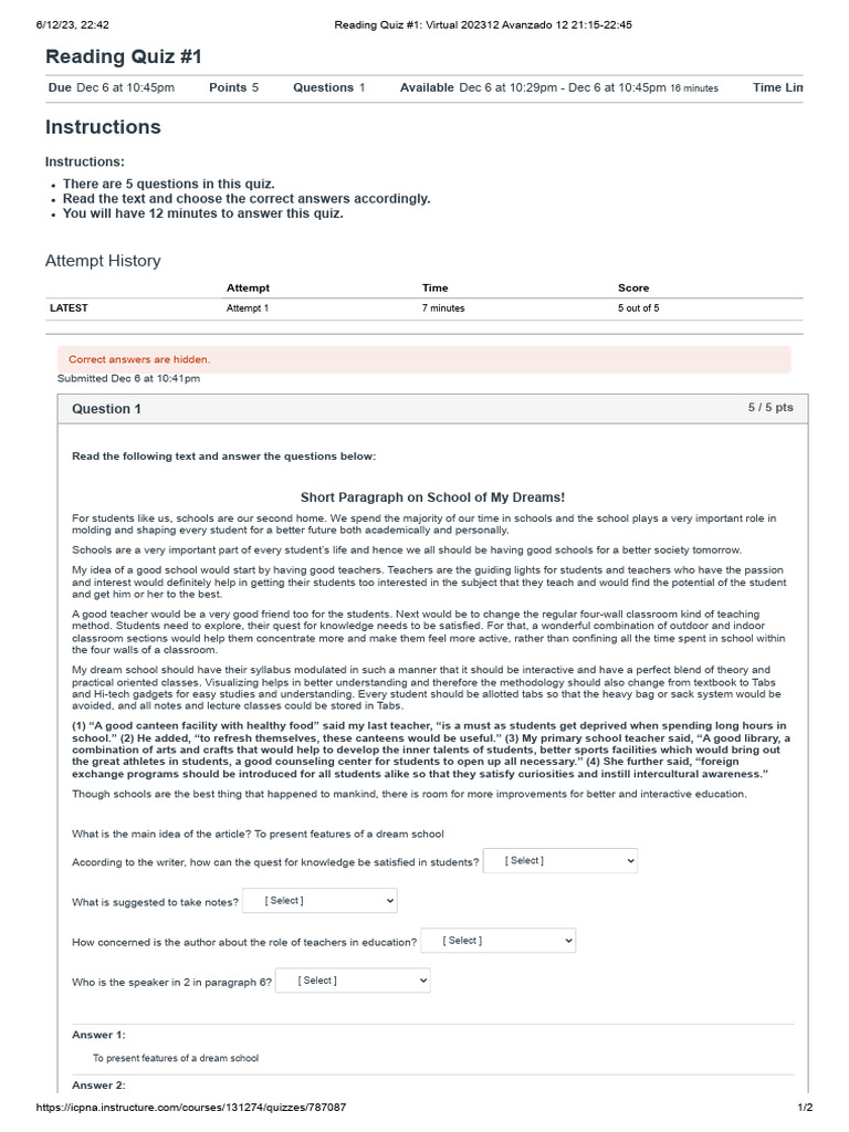 Reading Quiz #1 - Virtual 202312 Avanzado 12 21 - 15-22 - 45 | PDF ...