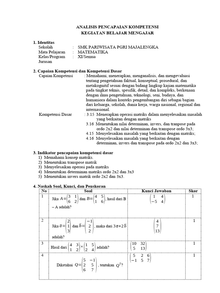 Format-Analisis-Pencapaian-Kompetensi-operasi Matriks | PDF
