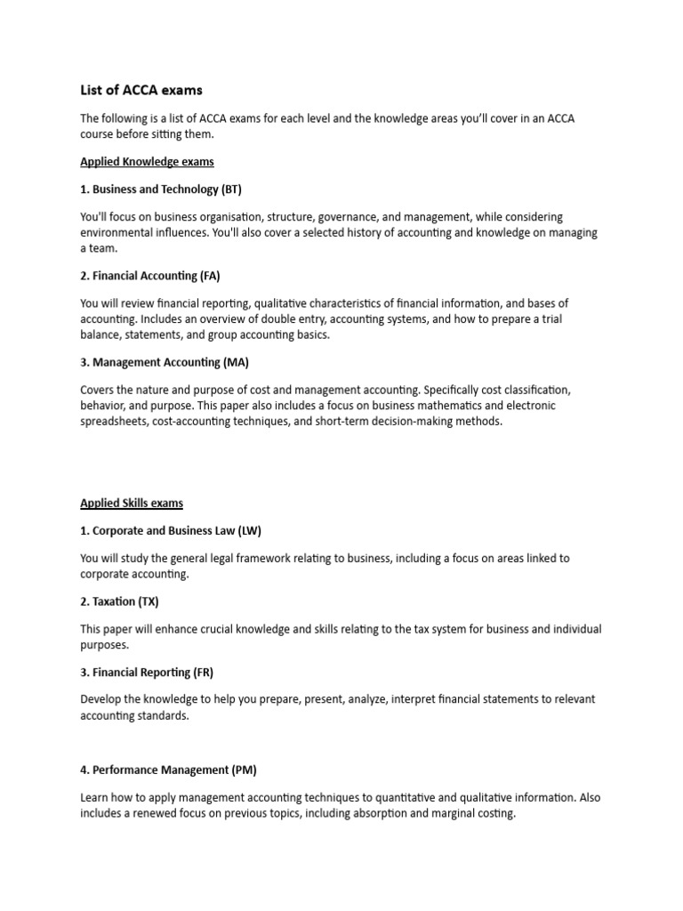 Acca Exams List | PDF | Accounting | Financial Statement