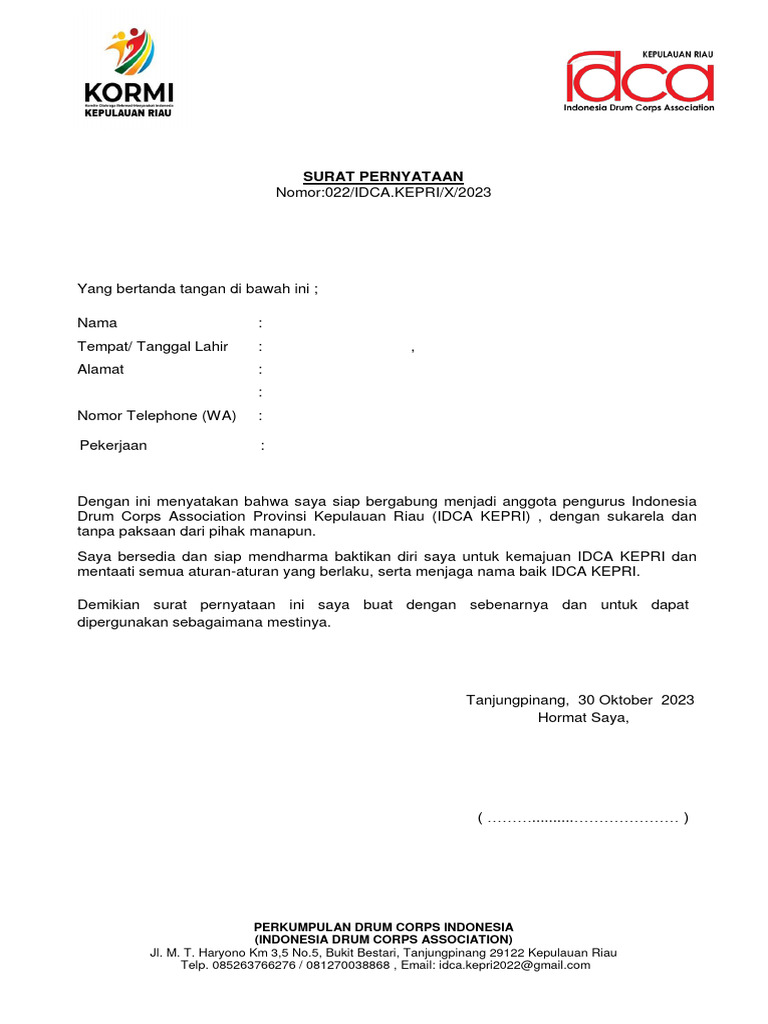 Surat Pernyataan Pengurus IDCA KEPRI | PDF