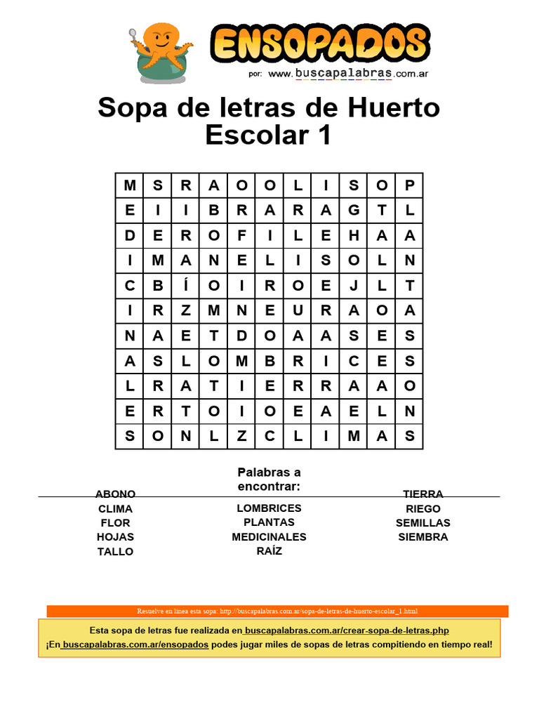Sopa de Letras de Huerto Escolar - 1 | PDF