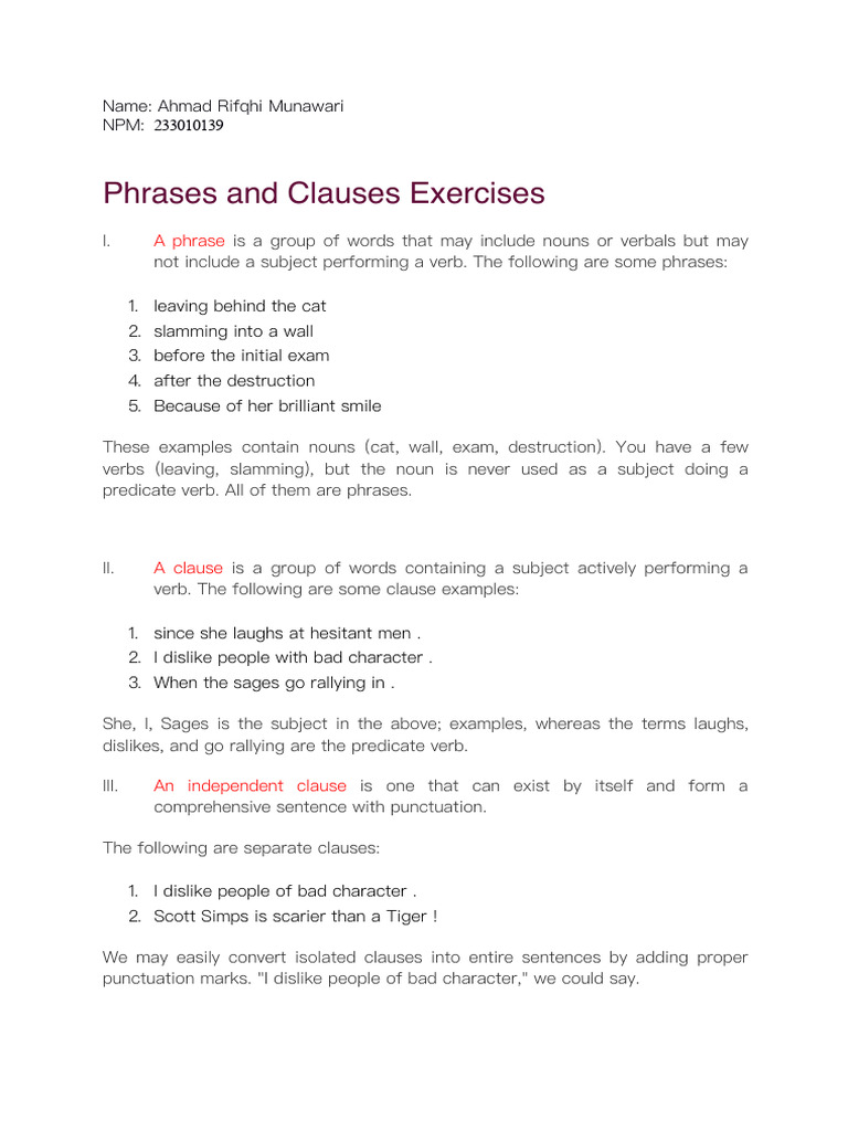 Tugas B.inggris Clause Vs Phrase Exercises | PDF | Subject (Grammar ...