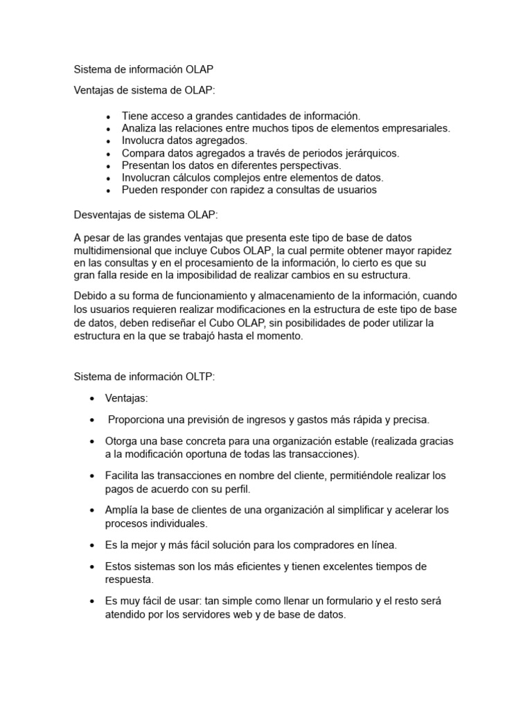 Ventajas y Desventajas Del Sistema de Inf) Ormacion OLTP Y OLAP | PDF | Bases de datos ...