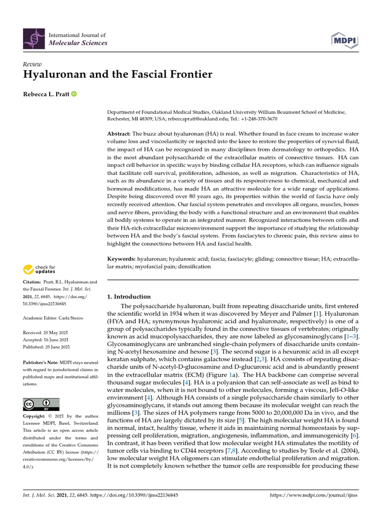 Hyaluronan and the Fascial Frontier - 2021 | PDF | Extracellular Matrix ...