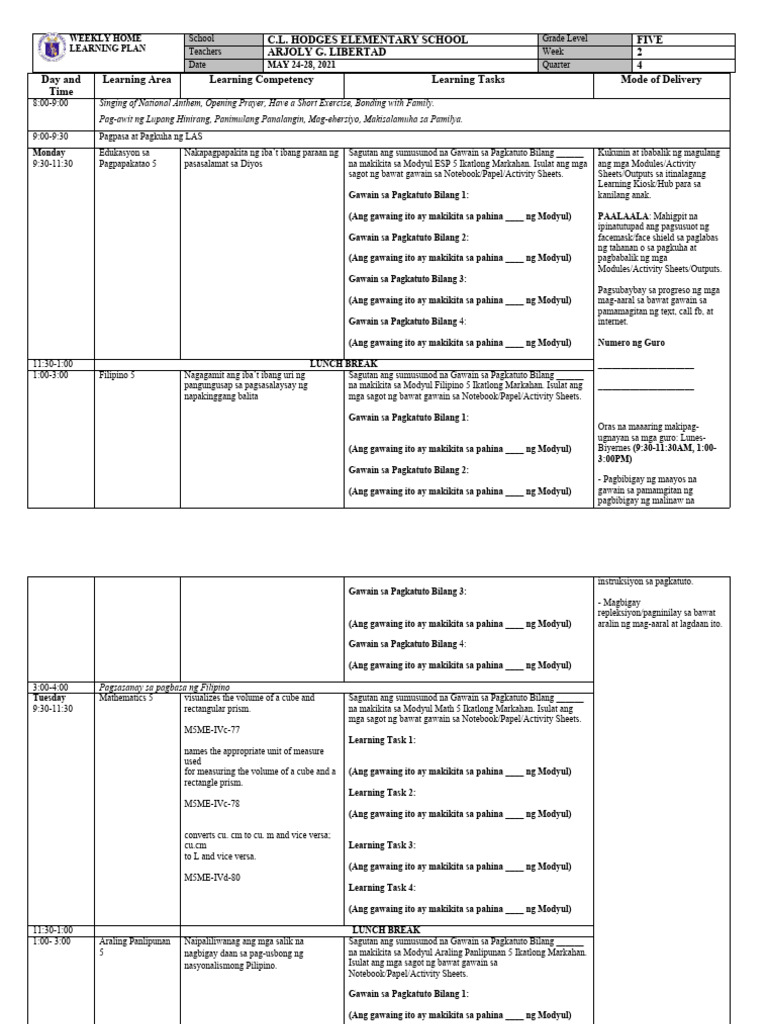 WHLP - Grade 5 (Q4 Week 2) | PDF