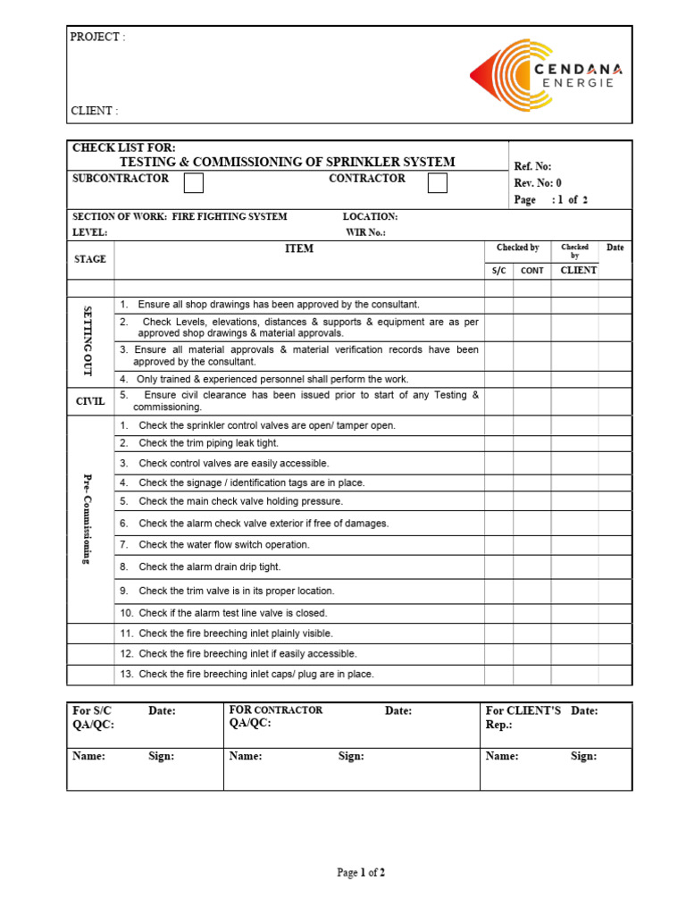 Checklist For Testing Commissioning of Sprinkler System | Download Free ...