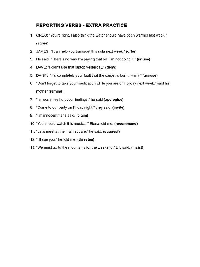 Reporting Verbs - Extra Practice | PDF