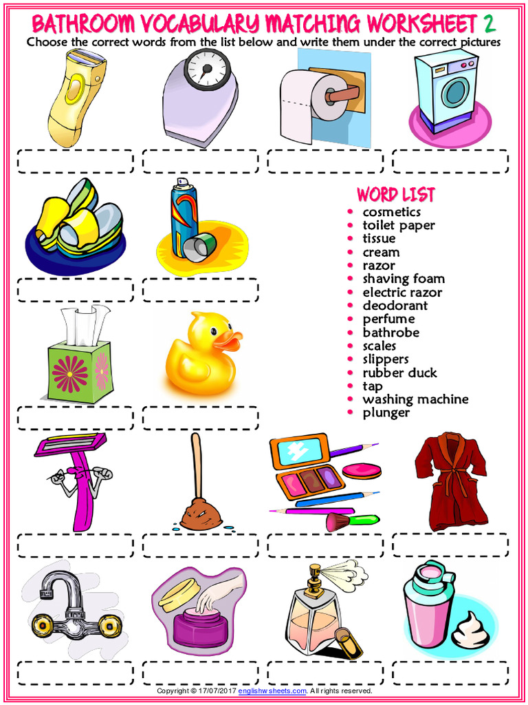 bathroom vocabulary esl matching exercise worksheets for kids-2 | PDF