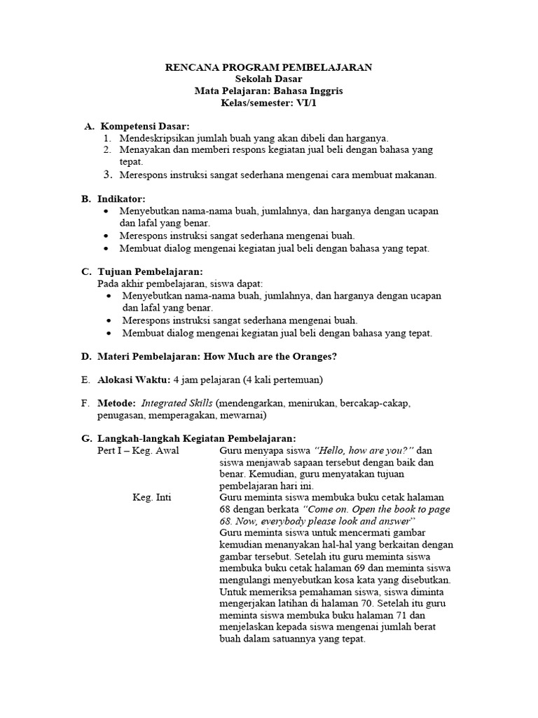 RPP K13 Bahasa Inggris Kelas 6 Semester 2 Revisi 2019 | PDF | Seni & Disiplin Bahasa
