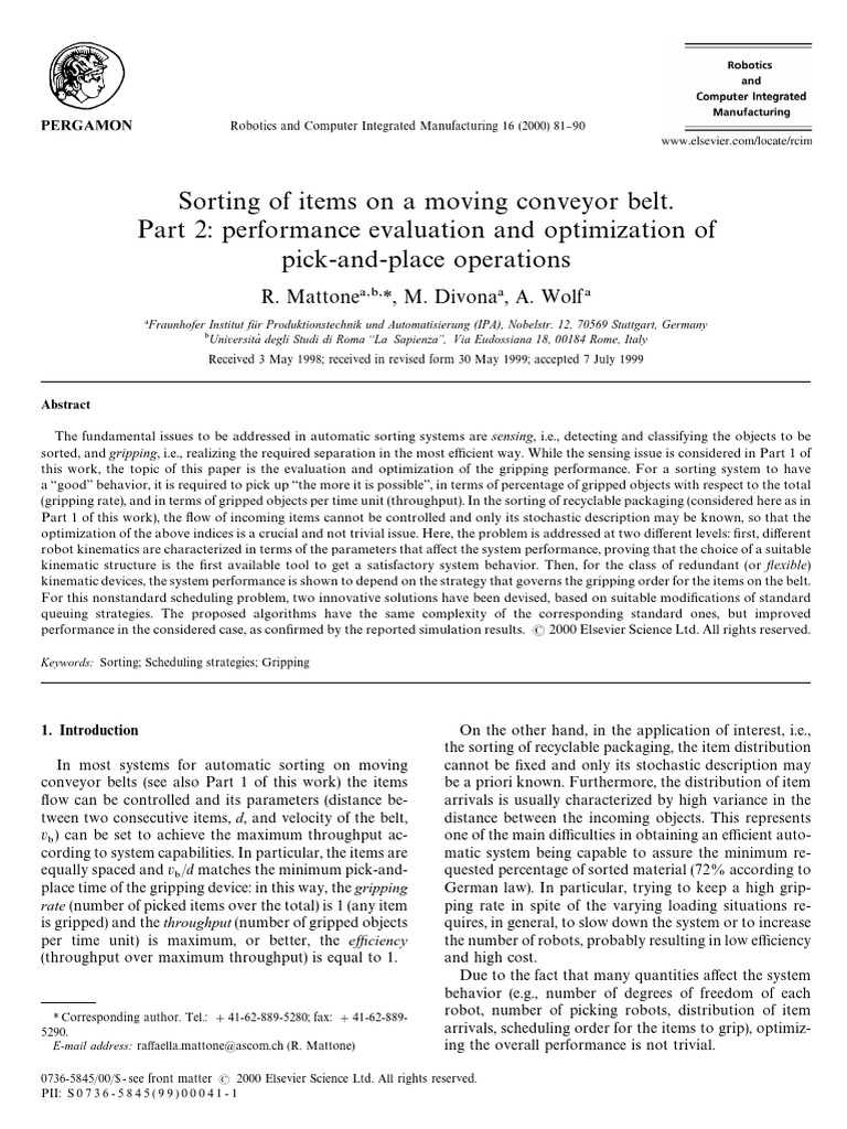 Sortingof Itemsonamovingconveyorbelt. Part2 Performanceevaluationandoptimizationof Pick-And ...