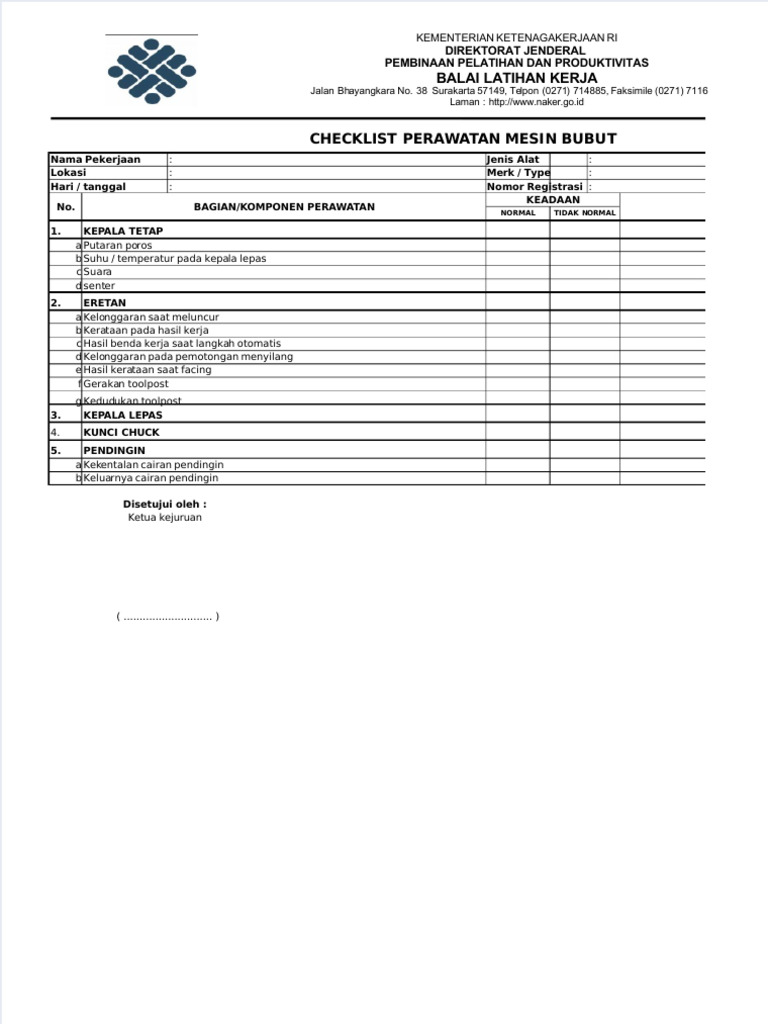 Checklist Perawatan Mesin Bubut | PDF | Teknologi & Rekayasa
