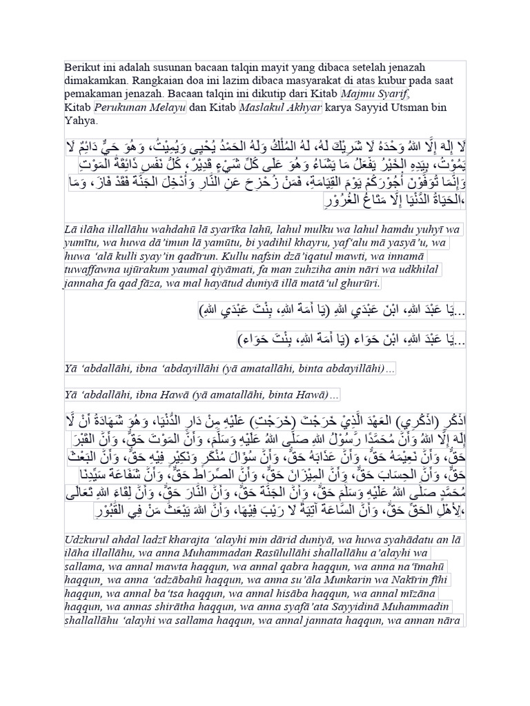 Berikut Ini Adalah Susunan Bacaan Talqin Mayit Yang Dibaca Setelah ...