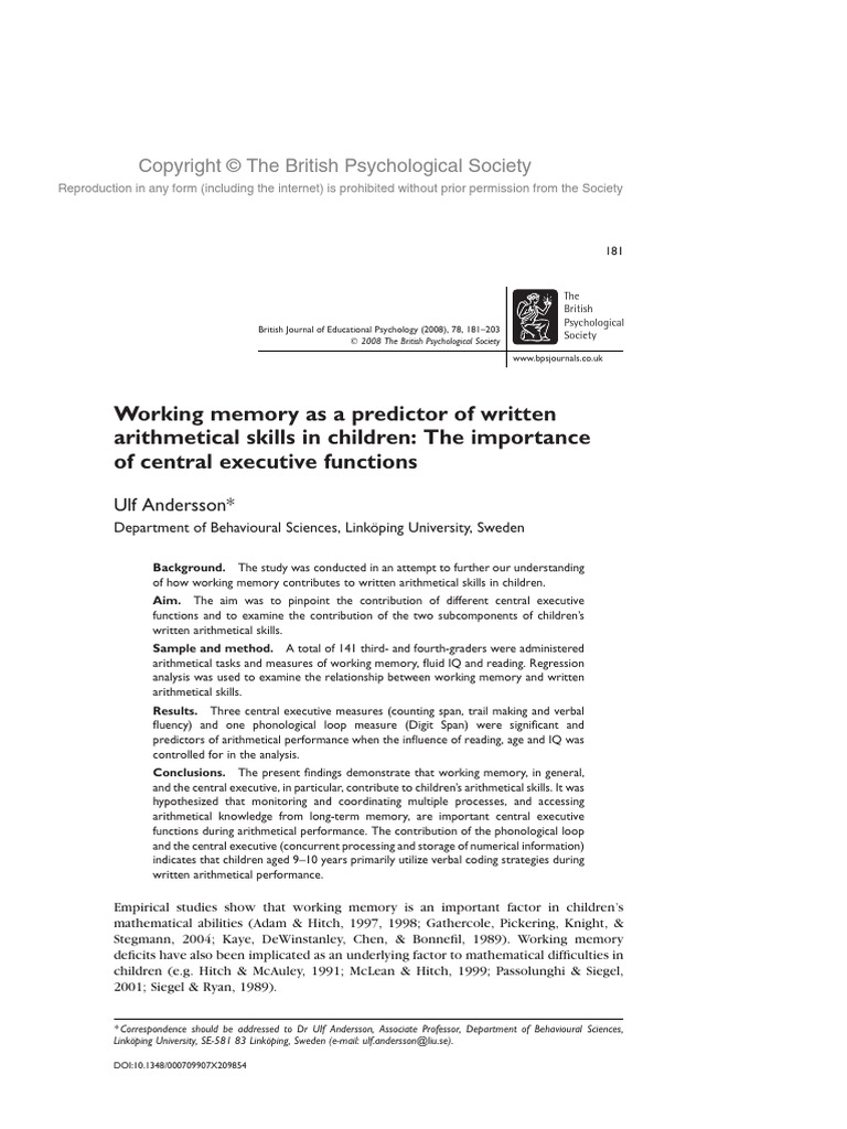 Andersson - Working Memory As A Predictor of Written Arithmetical Skills in Children The ...