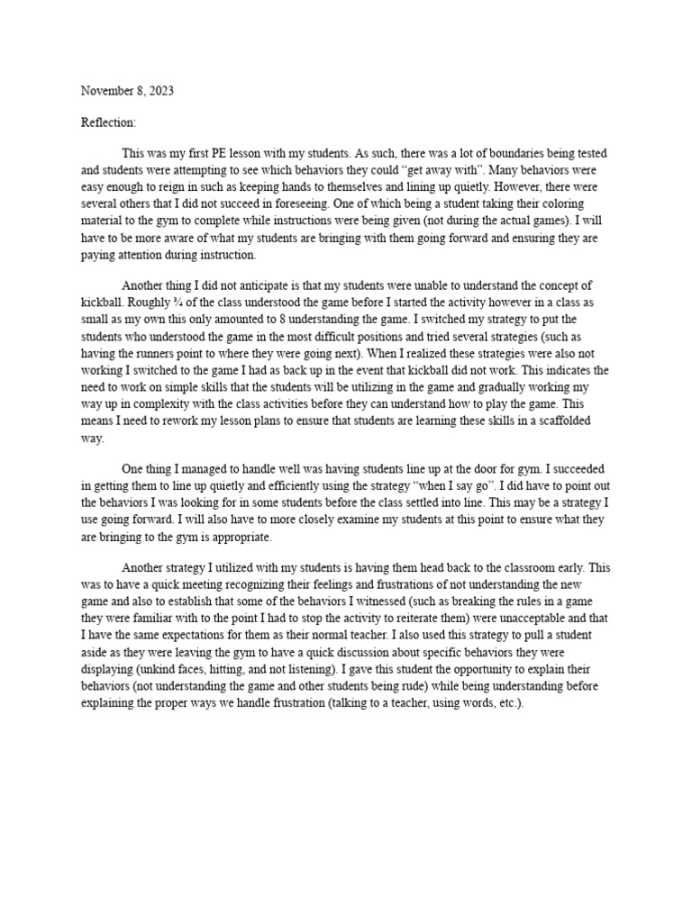 Kickball Reflection | PDF | Cognition | Psychology