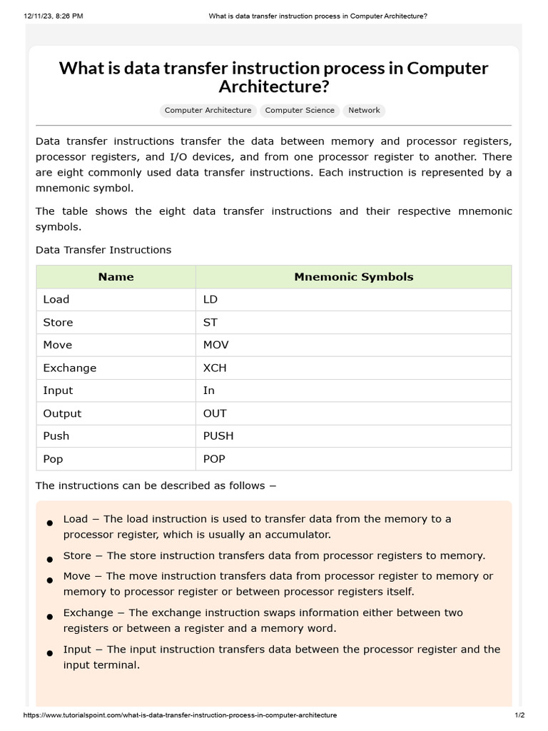 What Is Data Transfer Instruction Process In Computer Architecture Pdf Inputoutput