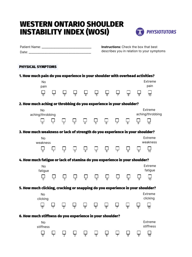Western Ontario Shoulder Instability Index WOSI 2 | PDF | Weakness ...