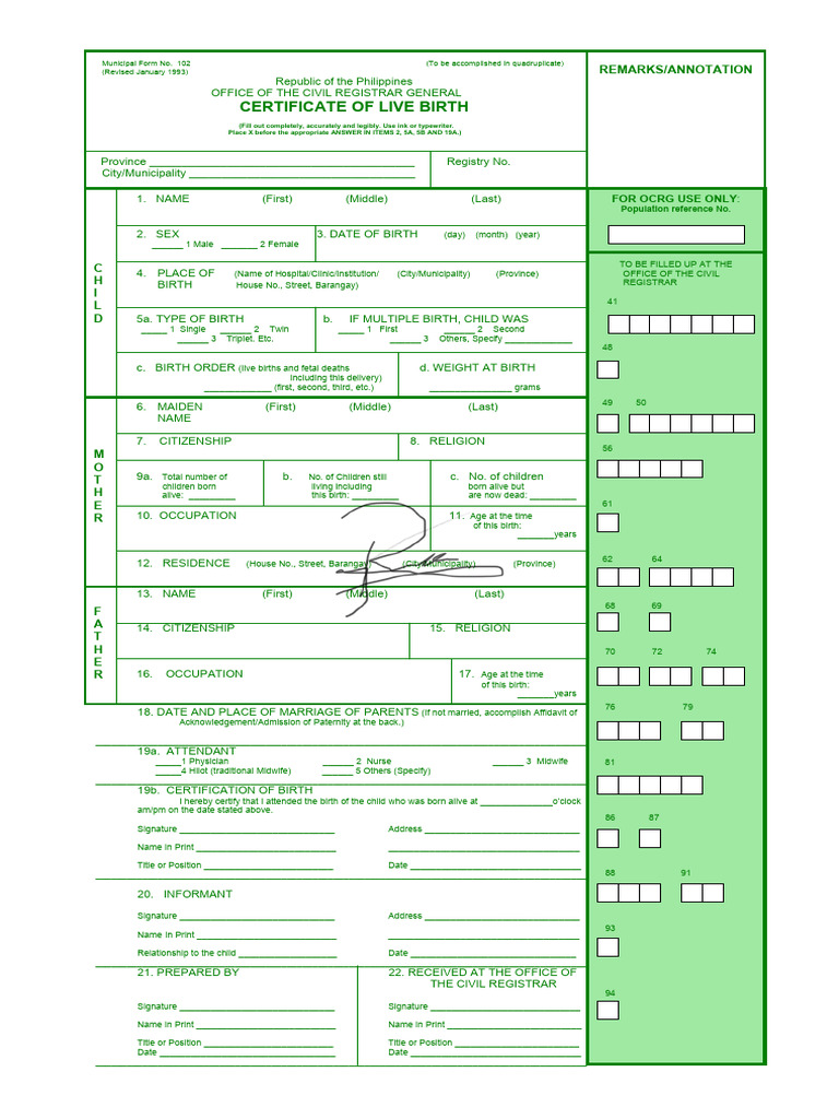 Certificate of Live Birth Form Philippines | PDF | Birth Certificate ...