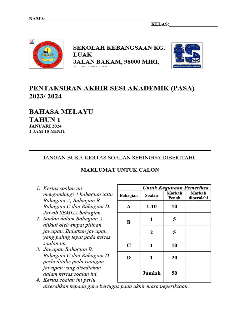 Muka Depan Ujian BM Pasa & Uasa 2024 | PDF