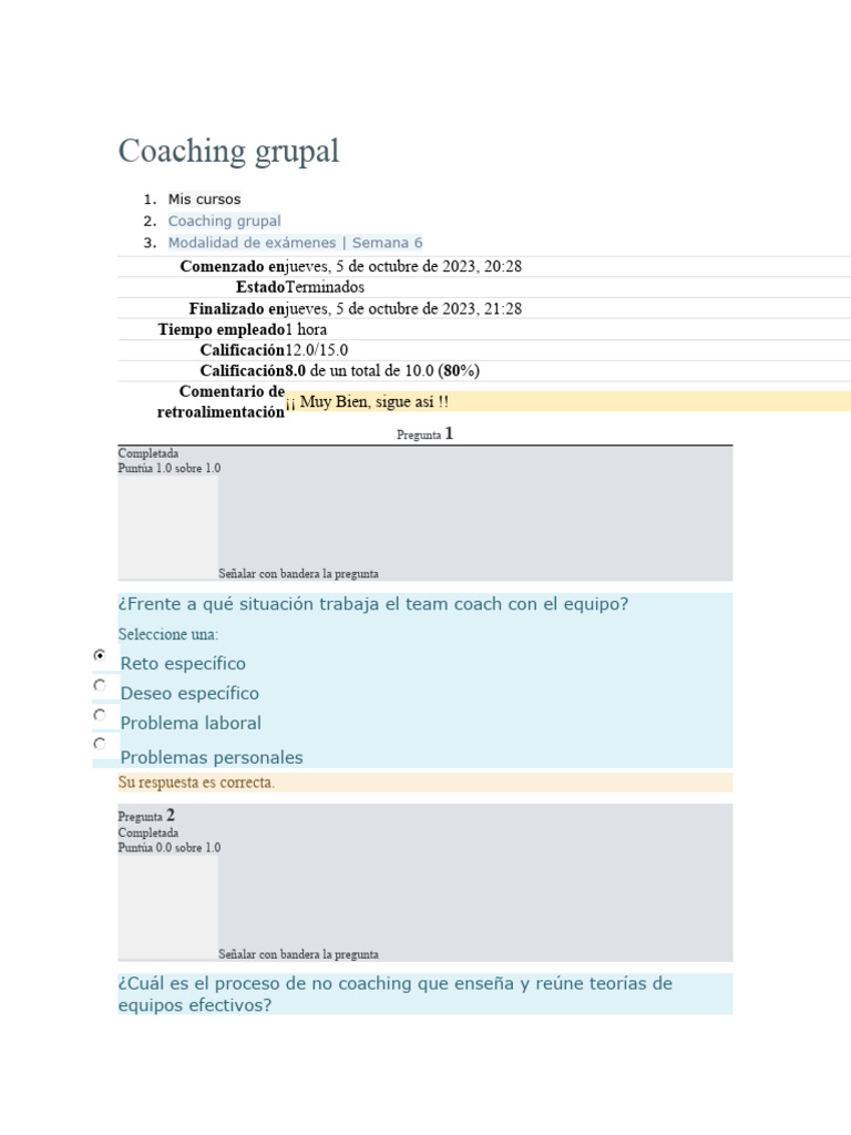 Coaching Grupal EXAMEN SEMANA 6 | PDF | Aprendizaje | Ciencias del comportamiento