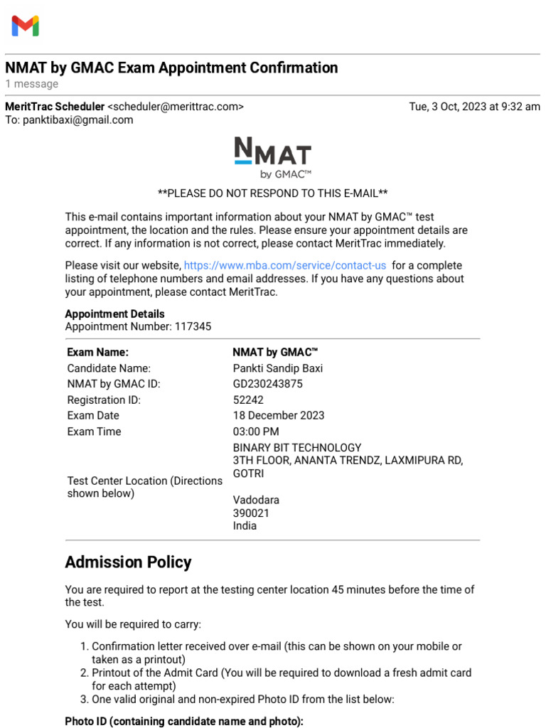 Gmail - NMAT by GMAC Exam Appointment Confirmation | PDF