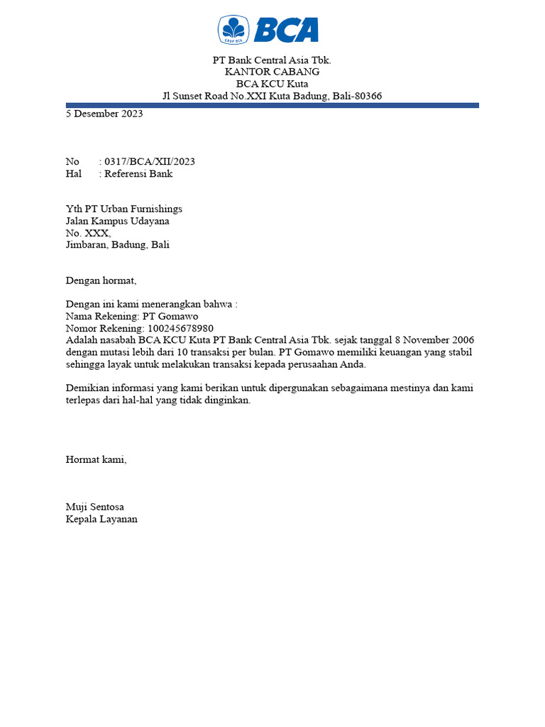 Surat Referensi Dari Bank | PDF